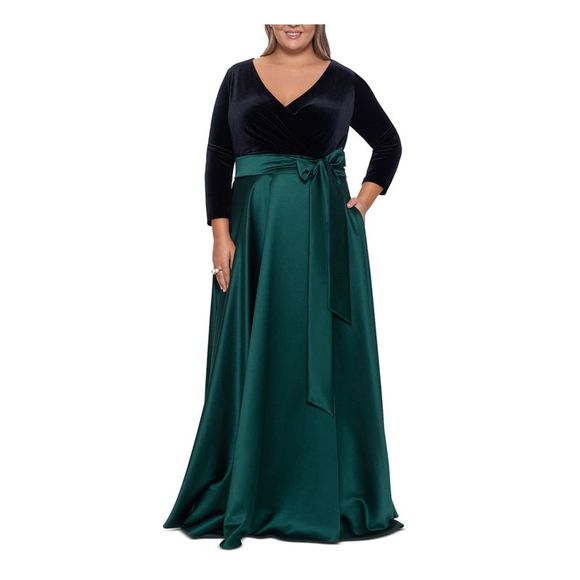 Xscape | Dresses | Xscape Womens Green Belted 34 Sleeve Fulllength ...